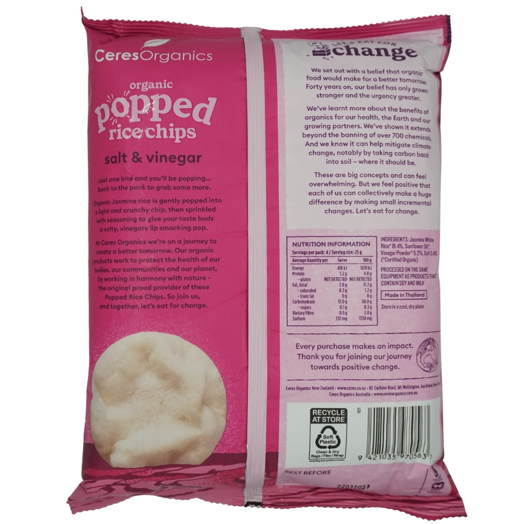 Ceres Organics Popped Rice Chips - Salt & Vinegar (100g)